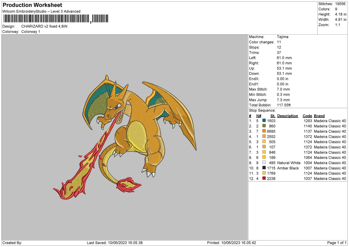 Charizard V2 Embroidery File 6 sizes – Master Digitizer