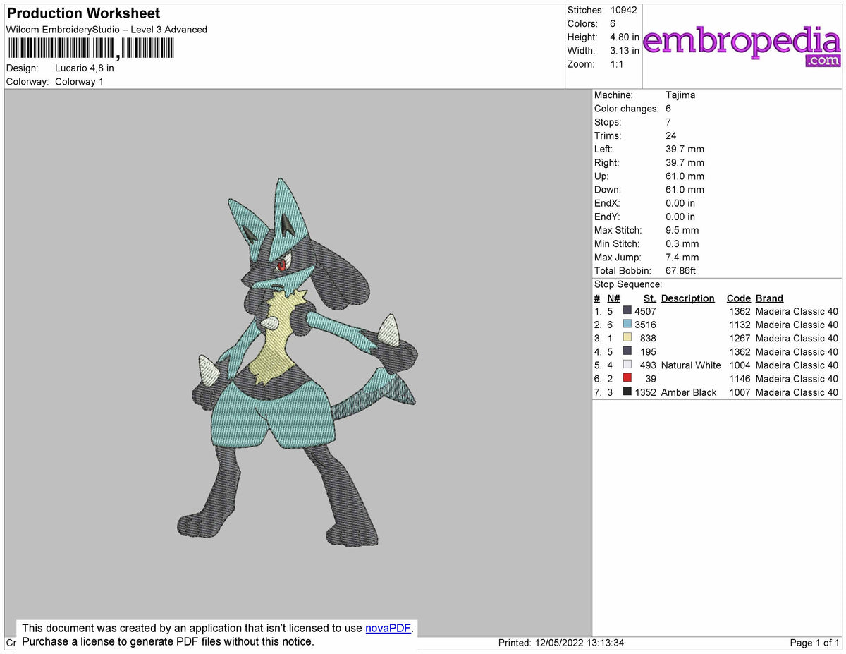 Lucario Embroidery File 4 Size Master Digitizer