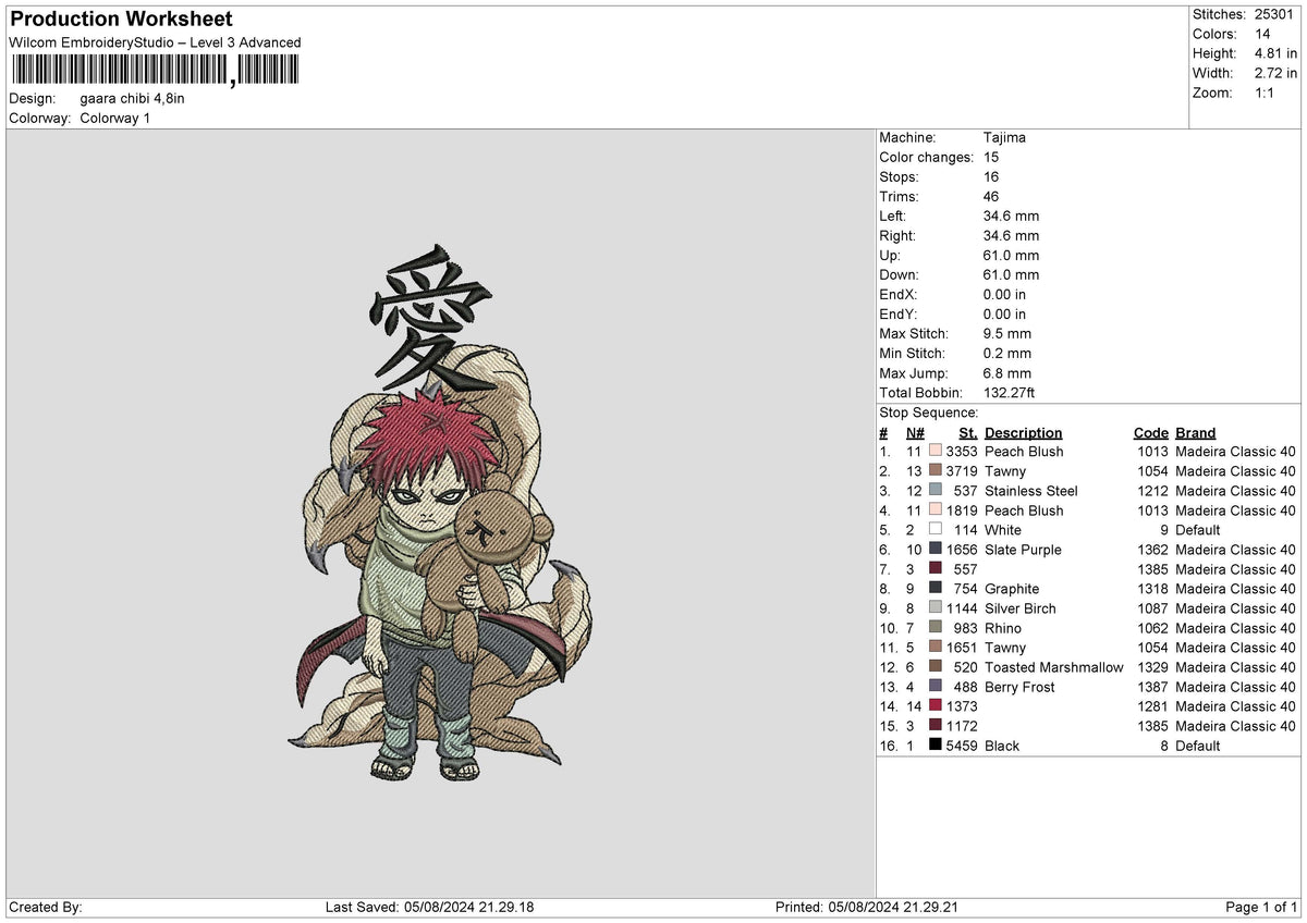 Gaara Chibi 02 Embroidery File 6 sizes – Master Digitizer