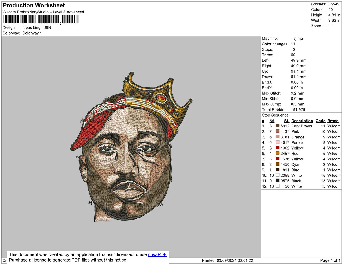 Tupac King Embroidery File 4 size – Master Digitizer