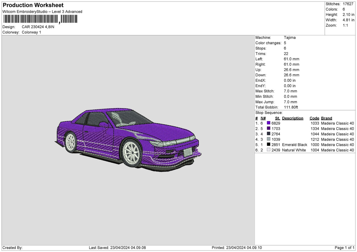 Car 2304 Embroidery File 6 sizes – Master Digitizer