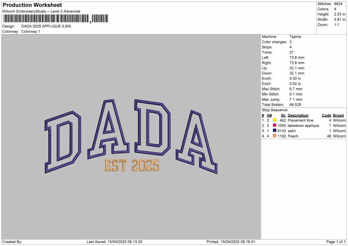 DADA 2025 App Embroidery File 6 sizes – Master Digitizer