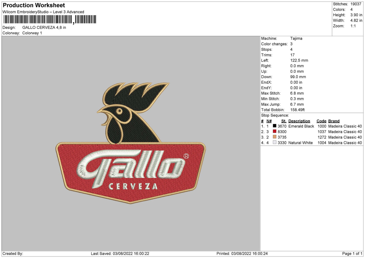 Gallo Cerveza Embroidery File 4 sizes – Master Digitizer