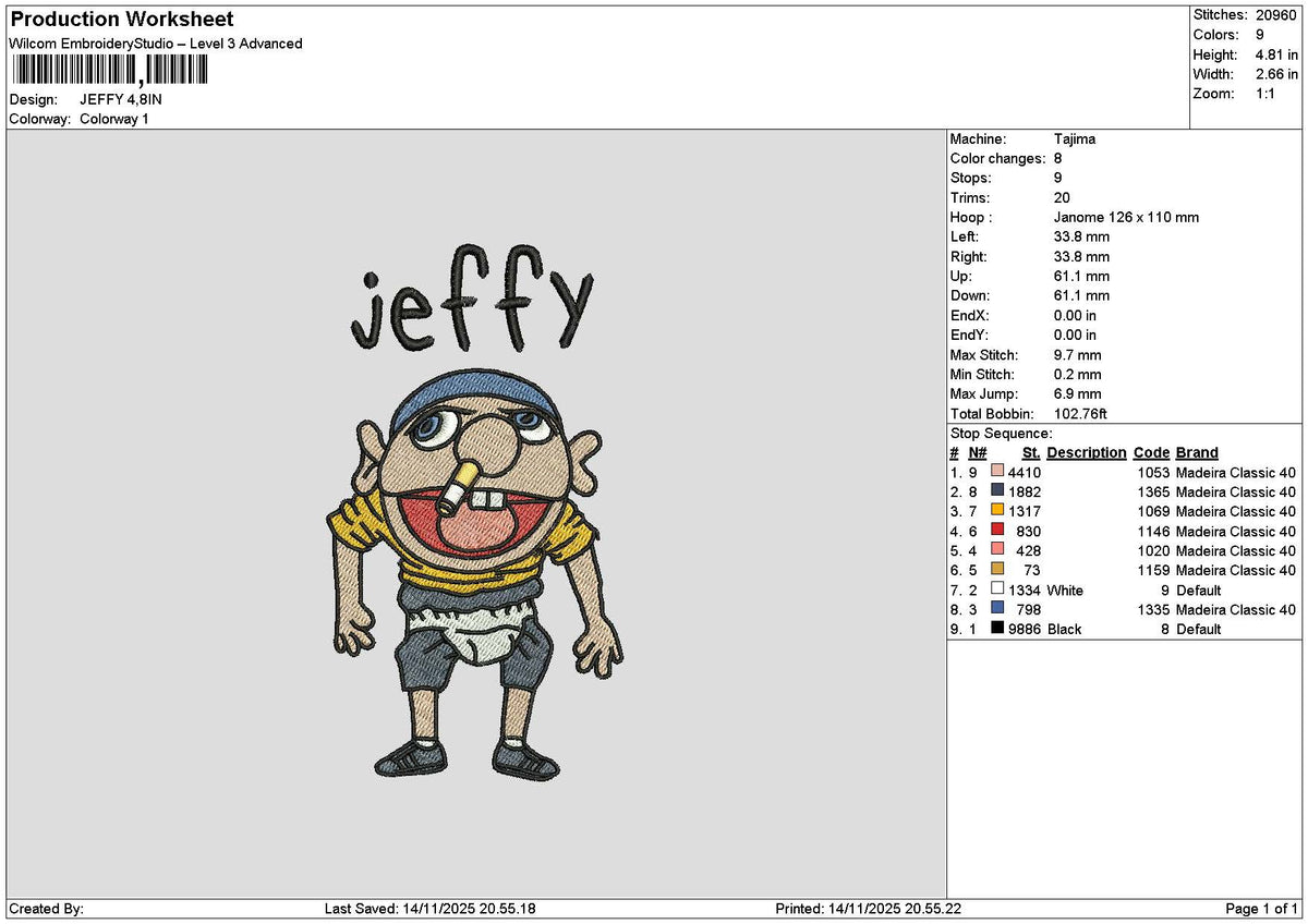 Draw Jeff Embroidery File 6 sizes – Master Digitizer