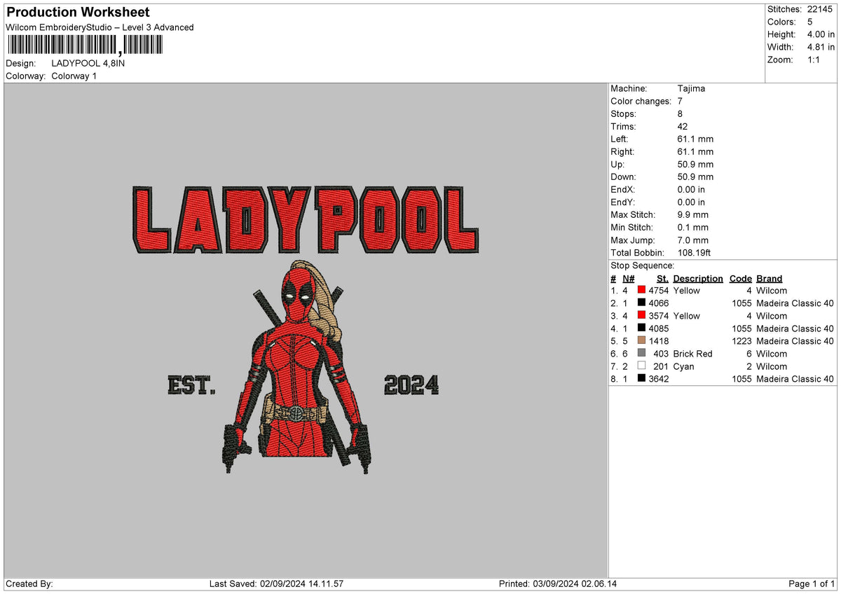 Ladypool Embroidery File 6 sizes – Master Digitizer