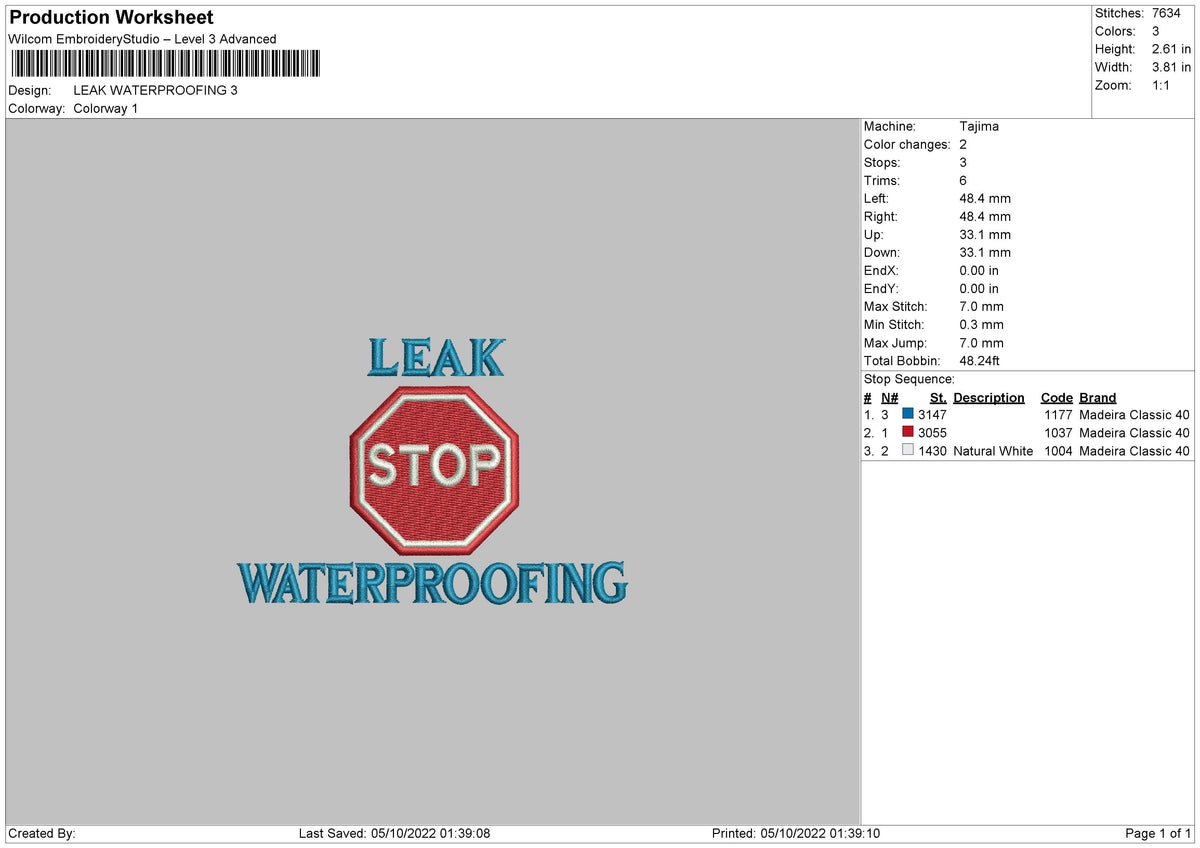Leak Waterproofing Embroidery File 5 sizes – Master Digitizer
