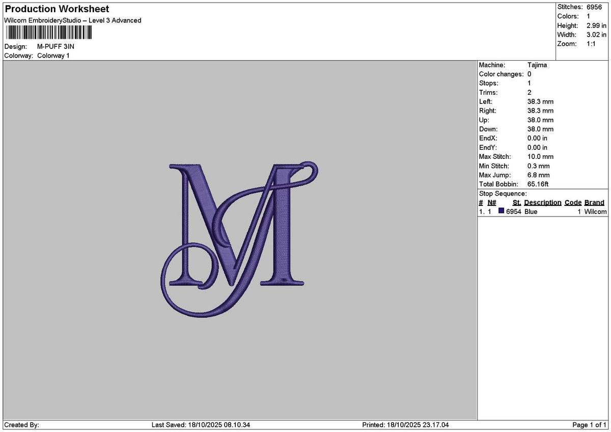 M Text Puff Embroidery File 6 sizes – Master Digitizer