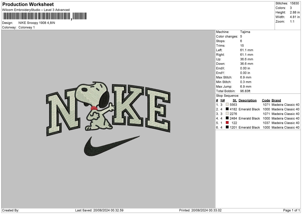 Nike Snoopy 1908 Embroidery File 6 sizes – Master Digitizer