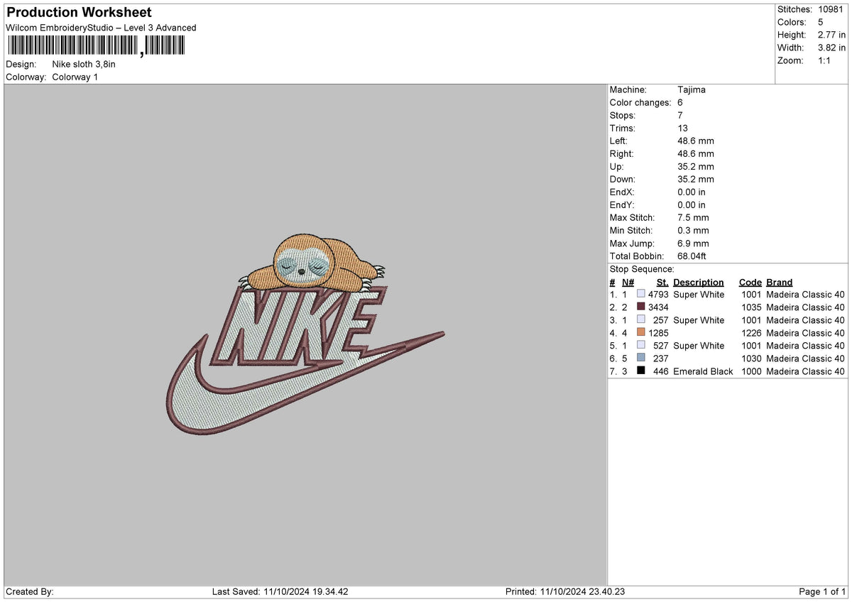 Nike Sloth Embroidery File 6 sizes – Master Digitizer
