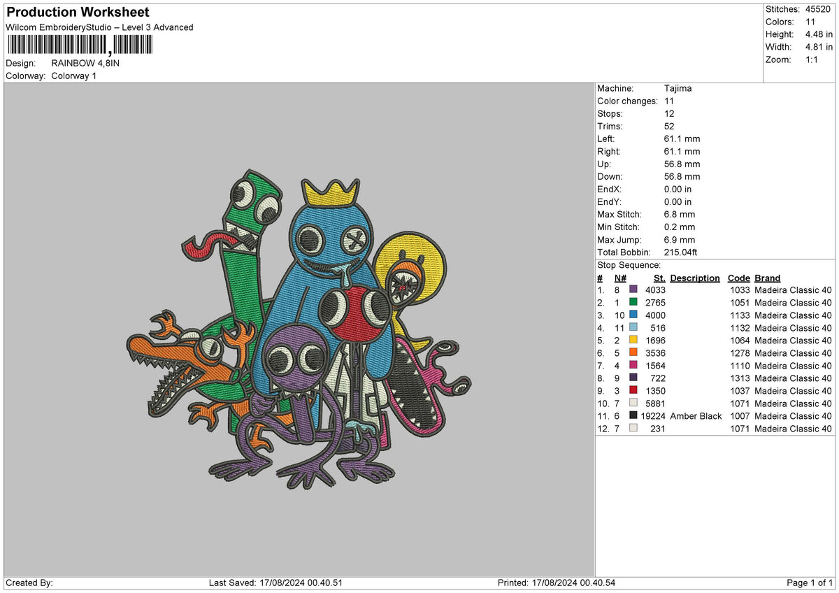 Rainbow Character Embroidery File 6 sizes – Master Digitizer