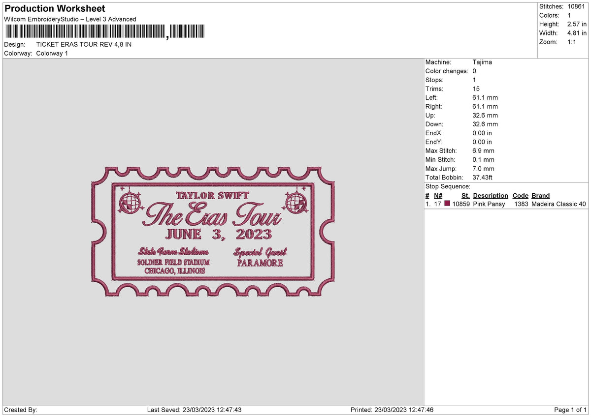 A Ticket Embroidery File 6 sizes – Master Digitizer