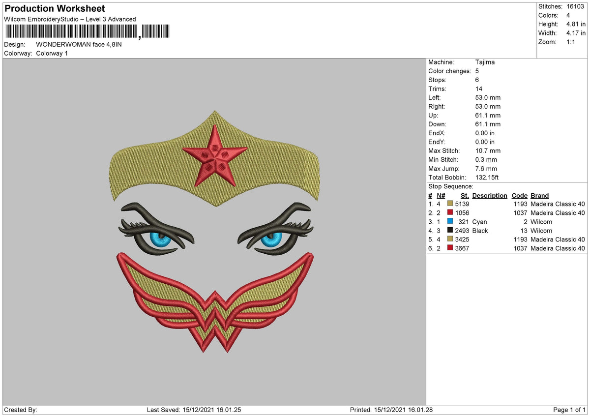 Wonder Woman Face Embroidery File 4 size – Master Digitizer