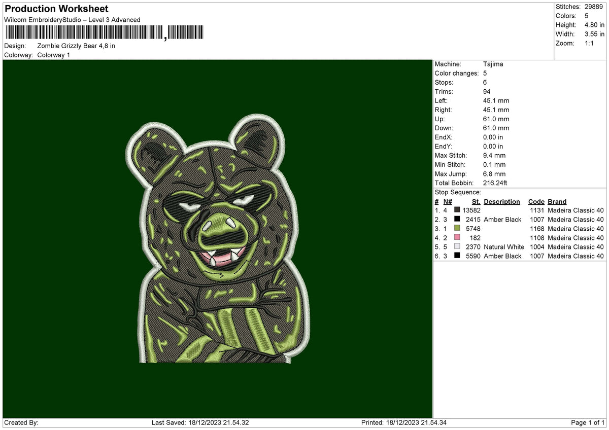 Zombie Bear Embroidery File 6 sizes – Master Digitizer