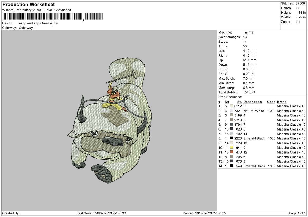 Aang Appa Embroidery File 6 sizes – Master Digitizer