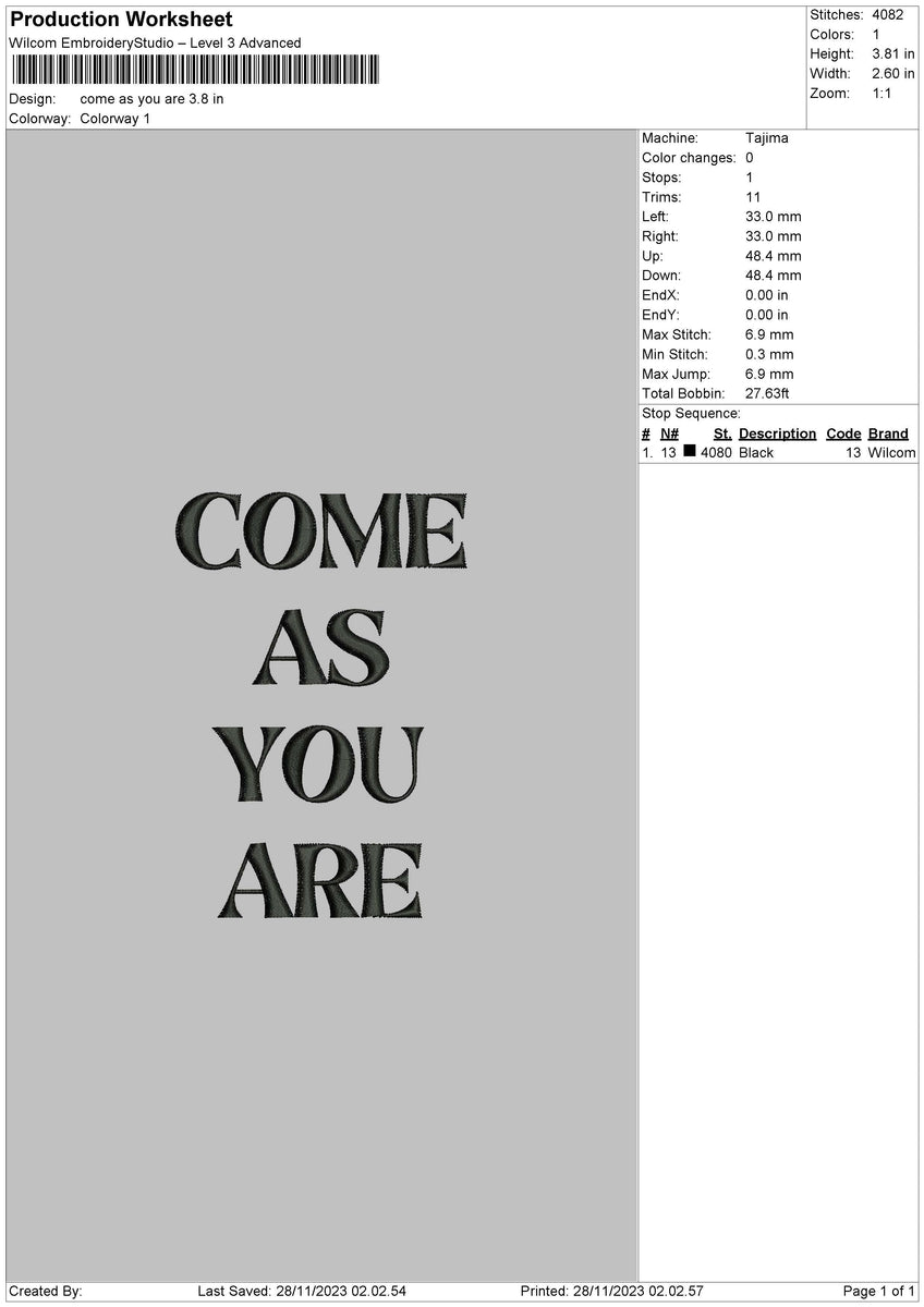 Come As Text Embroidery File 6 sizes – Master Digitizer