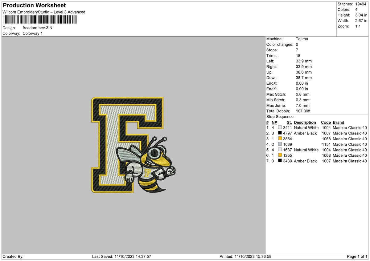 Freedom Bee Embroidery File 6 sizes – Master Digitizer