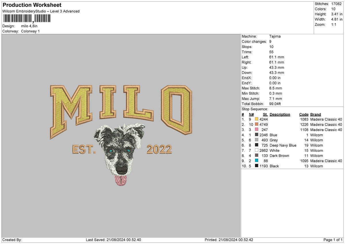 Milo Dog Embroidery File 6 sizes – Master Digitizer