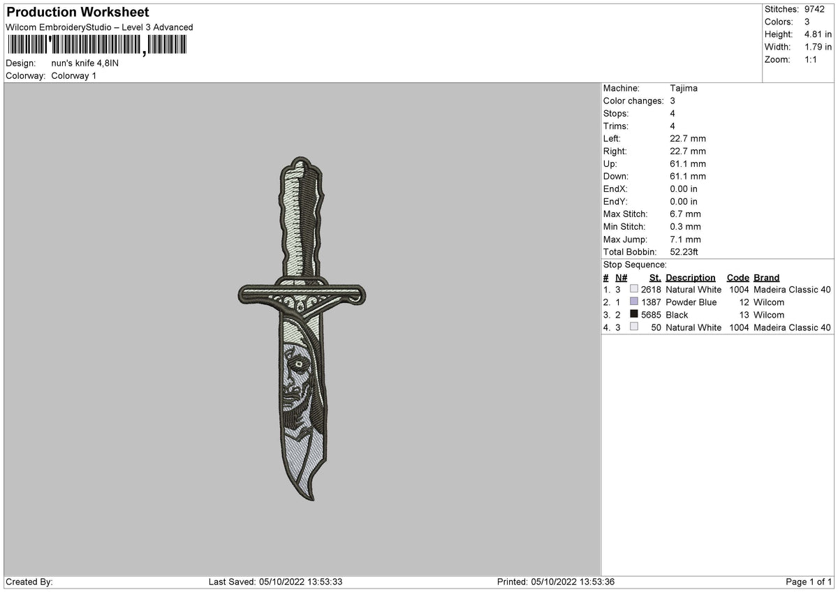 Nun Knife Embroidery File 6 sizes – Master Digitizer
