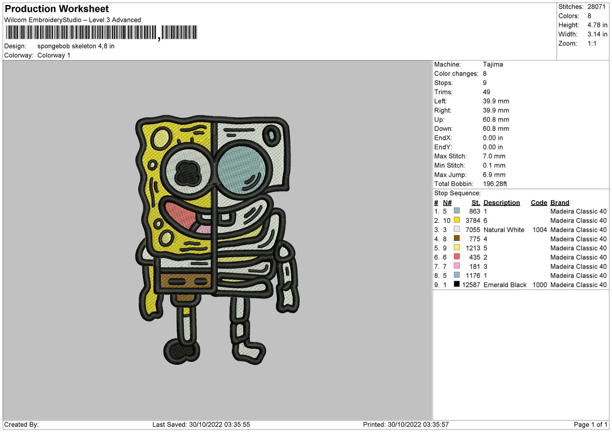 Spongebob Skeleton Emboidery File 6 sizes – Master Digitizer