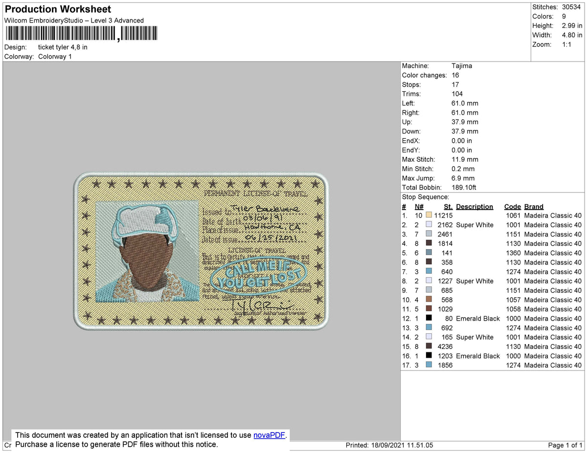 Ticket Tyler Embroidery File 4 size – Master Digitizer